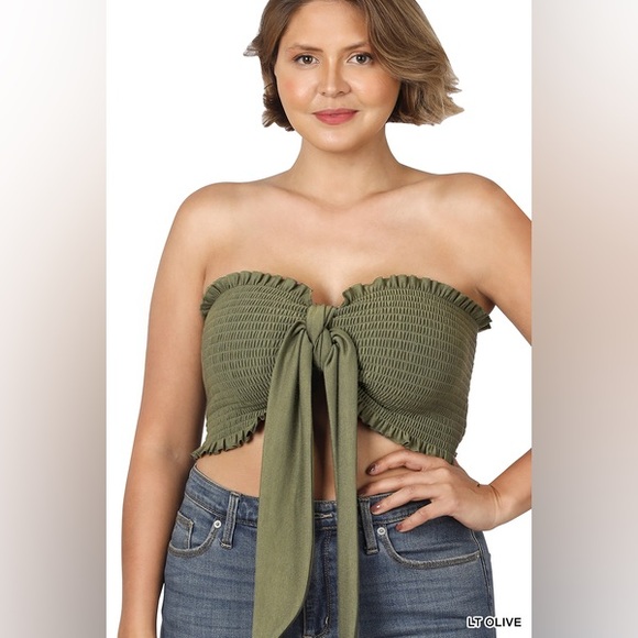 Tops | Dark Olive Plus Soft French Terry Smocked Tie Front Tube Top ...